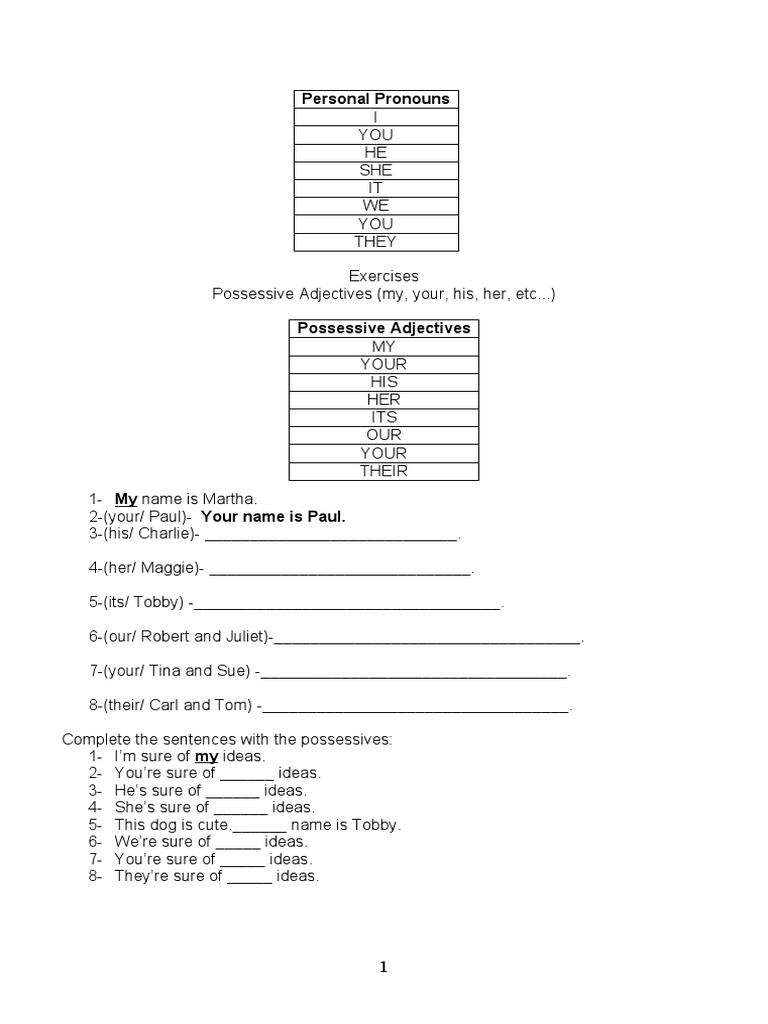 Verb To Be - Possessive Pronouns Exercises | PDF | Syntax | Semantic Units