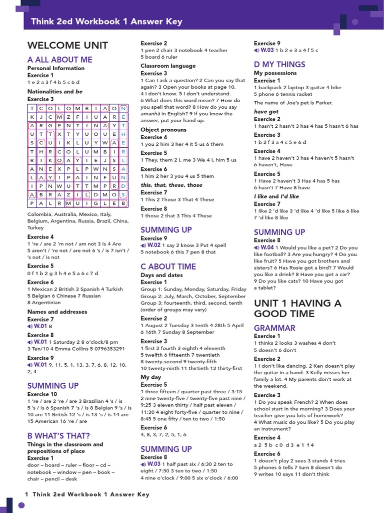 Welcome Unit: Think 2ed Workbook 1 Answer Key | Download Free PDF | Foods