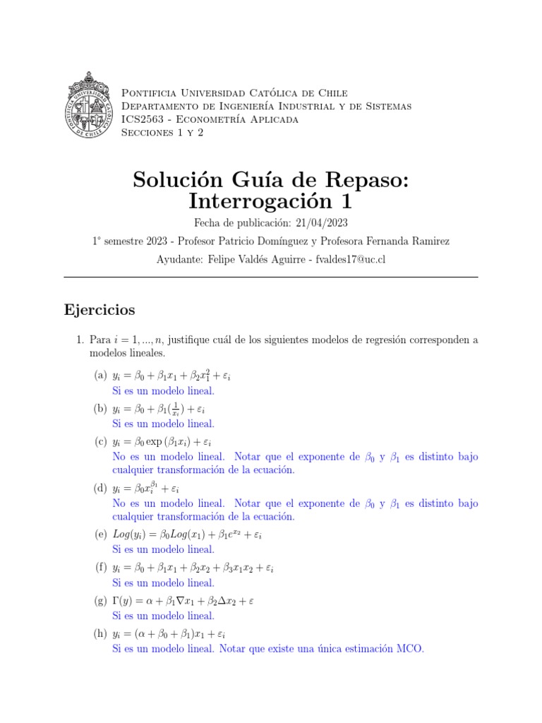 Solución Guía de Ejercicios I1 v.2 | PDF | Mínimos cuadrados ordinarios | Análisis de regresión