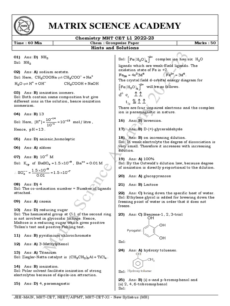 Matrix Science Academy: Chemistry MHT CET L1 2022-23 Hints and ...