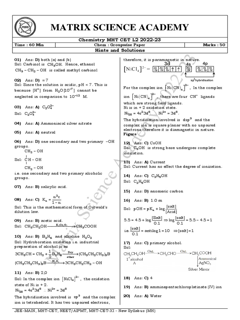Matrix Science Academy: Chemistry MHT CET L2 2022-23 Hints and ...