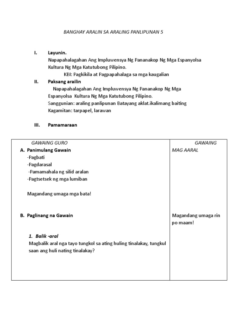 I. Layunin.: 1. Balik - Aral | PDF