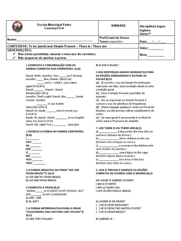 Avaliação 7 Ano Da I Unid | PDF Avaliação 7 Ano Da I Unid | PDF