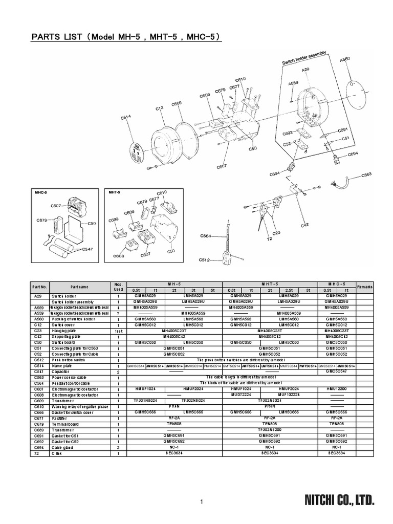 PARTS LIST Model MH-5, MHT-5, MHC-5 | PDF | Electric Motor ...