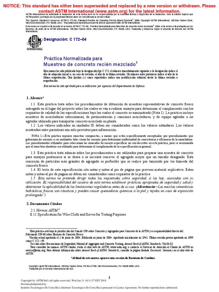 ASTM C172-SP-04.18438 Práctica Normalizada para Muestreo de Concreto Recién Mezclado | PDF ...
