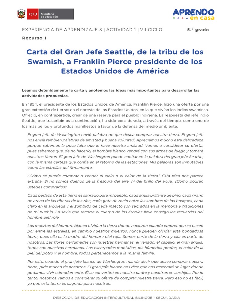 1 - Actividad 1-Carta Del Gran Jefe Seattle | PDF | Tierra