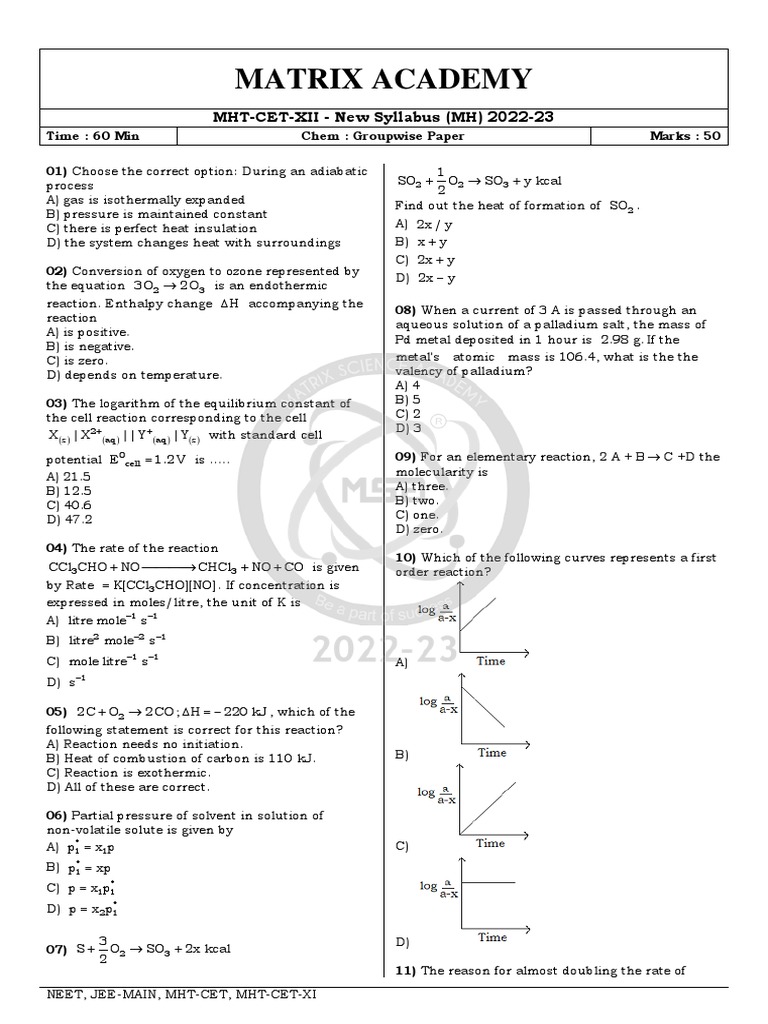 CC Physical Chem Test Paper | PDF | Chemical Reactions | Temperature