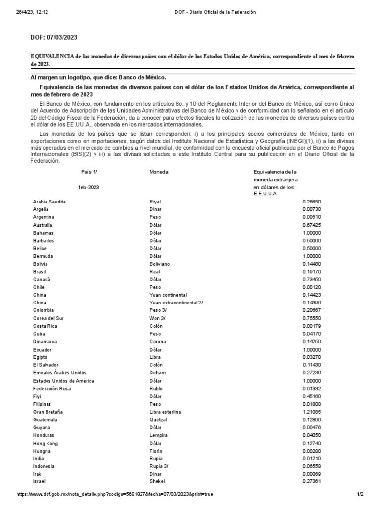 DOF - Equivalencia Moneda Extranjera - Dls | PDF | Euro | Dólar de los ...