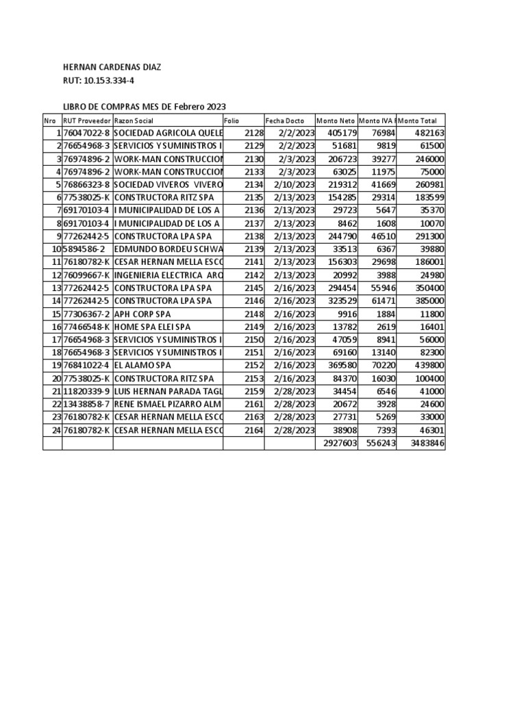Nro Rut Proveedor Razon Social Folio Fecha Docto Monto Neto Monto Iva ...