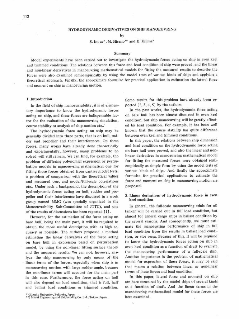 Hydrodynamic Derivatives - Inoue - Hirano | PDF | Ships | Vortices