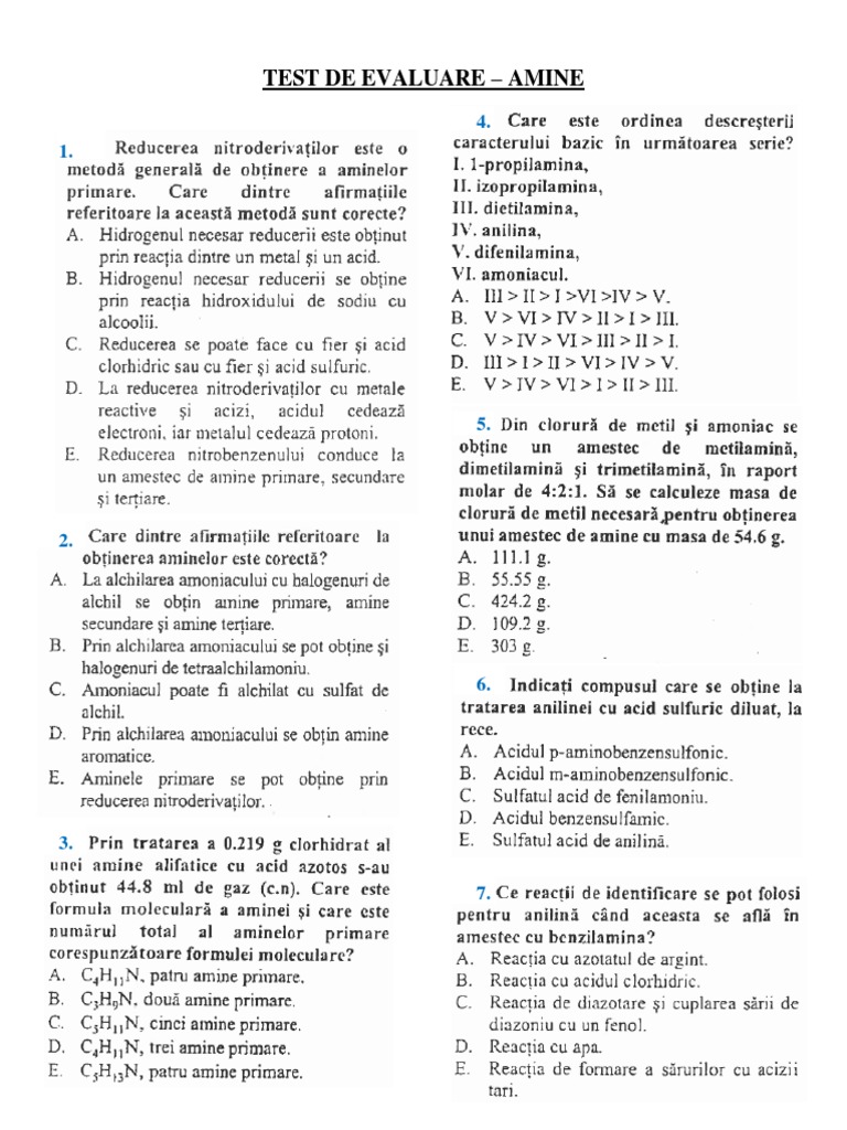 Test Amine - Pregatire Admitere Medicina - Cluj | PDF