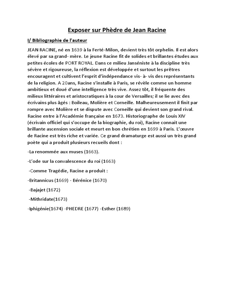 Exposé sur Phèdre de Racine | PDF | Jean Racine | Destin