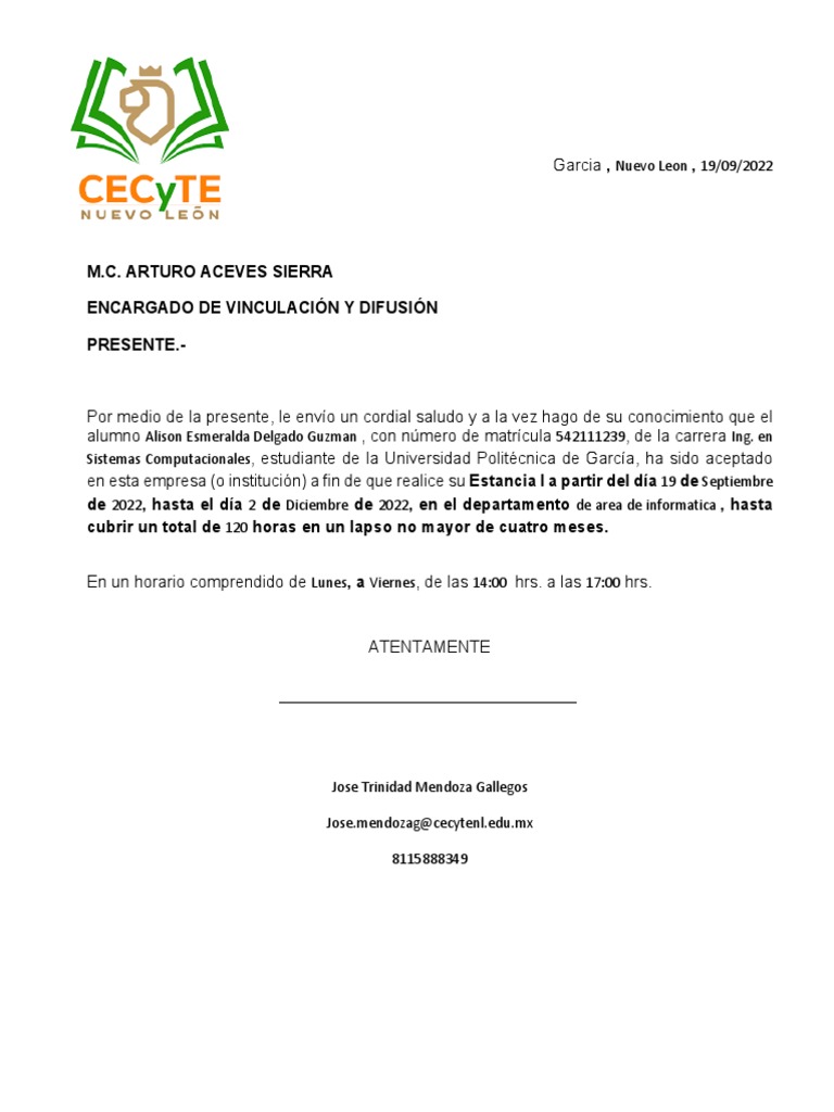 Carta de Aceptación Empresa(alison) DE VERDAD | PDF