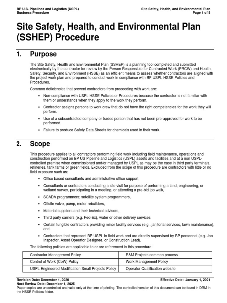 Site Safety, Health, and Environmental Plan Procedure: Ensuring ...