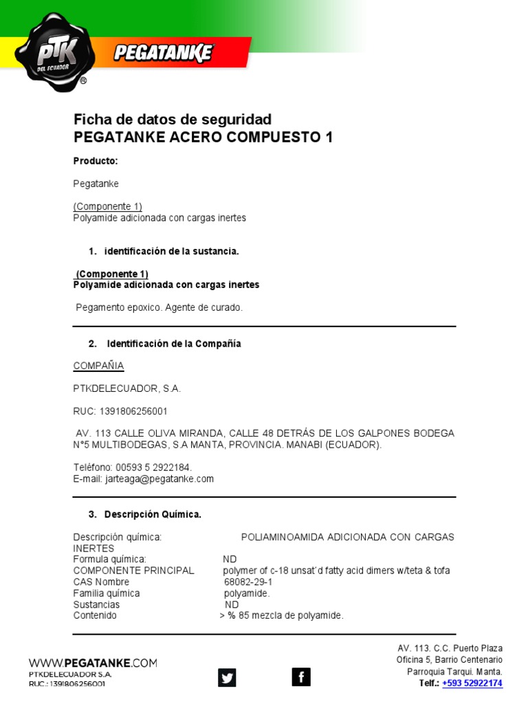 Ficha de Datos de Seguridad PEGATANKE ACERO COMPUESTO 1 | PDF | Agua | Toxicidad