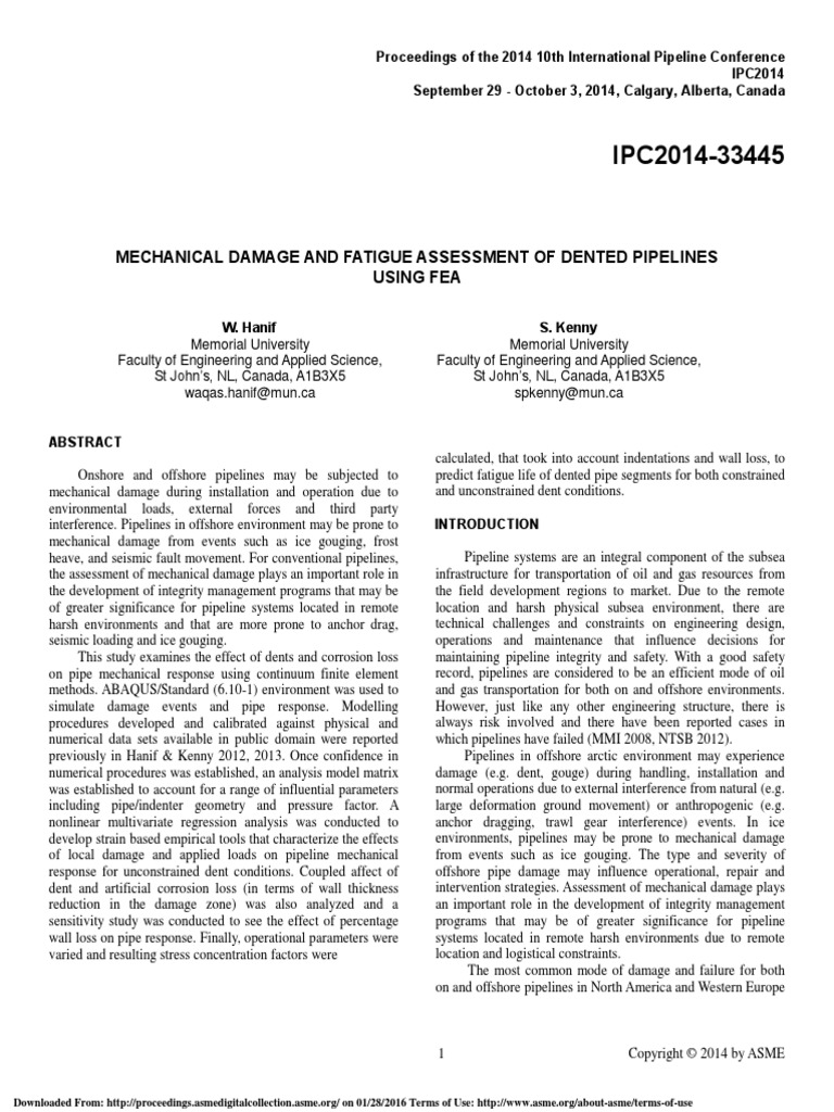 Mechanical Damage and Fatigue Assessment of Dented Pipelines Using Fea ...