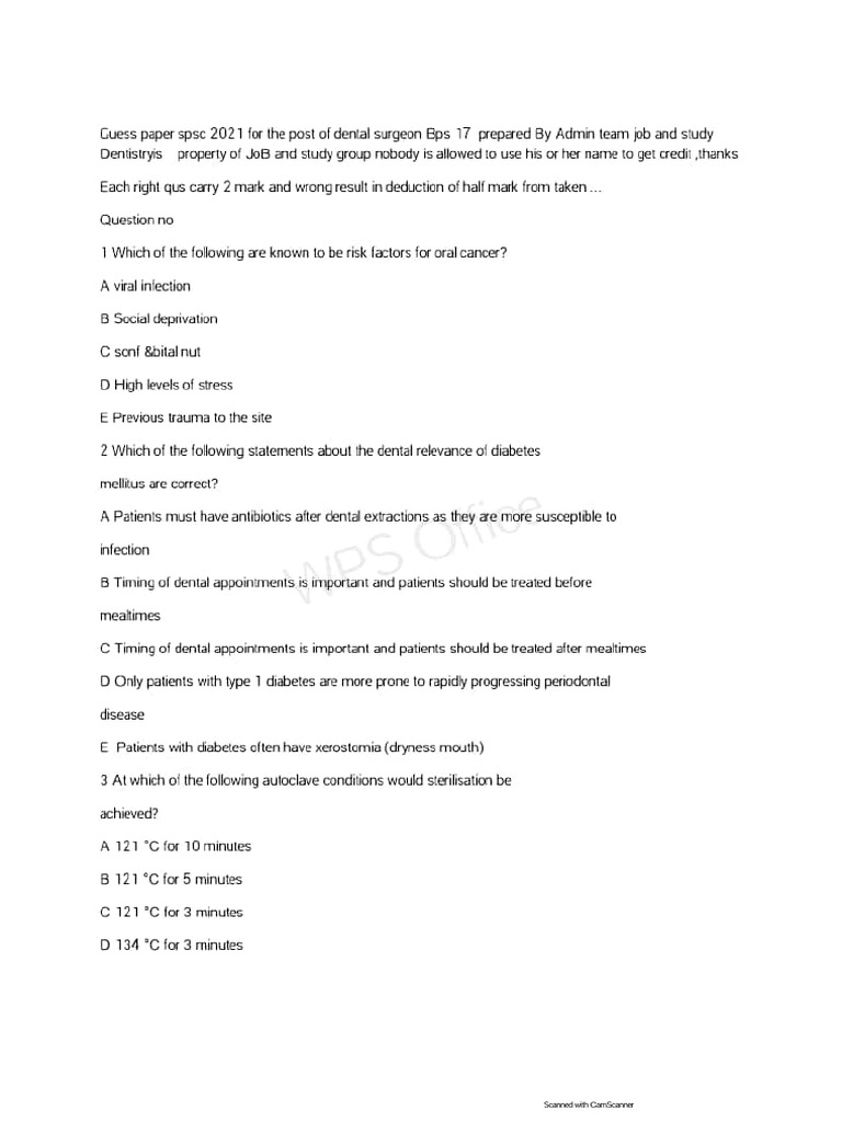Guess Paper For SPSC 2021 by Job and Study Dentistry Team | PDF