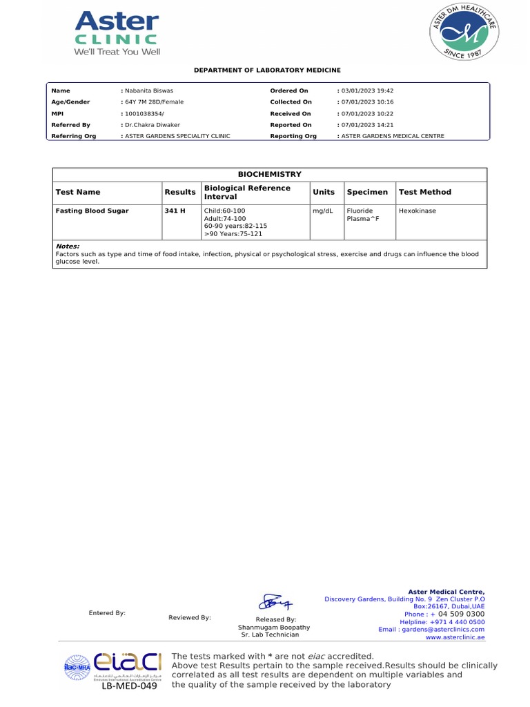Biochemistry Test Name Results Biological Reference Interval Units ...