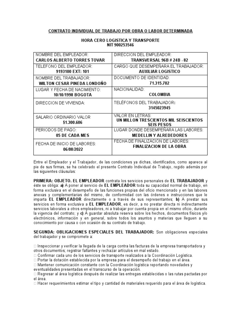 Contrato Individual de Trabajo Por Obra o Labor Determinada Wilton | PDF | Salario | Privacidad ...