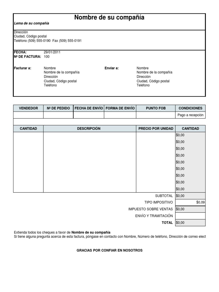 Factura de venta de empresa con direcciones y detalles del pedido | PDF ...
