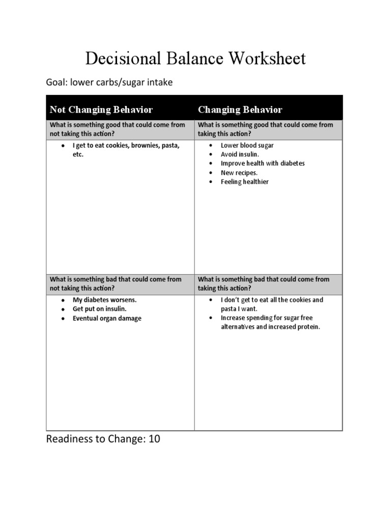 Decisional Balance Worksheet 1 | PDF
