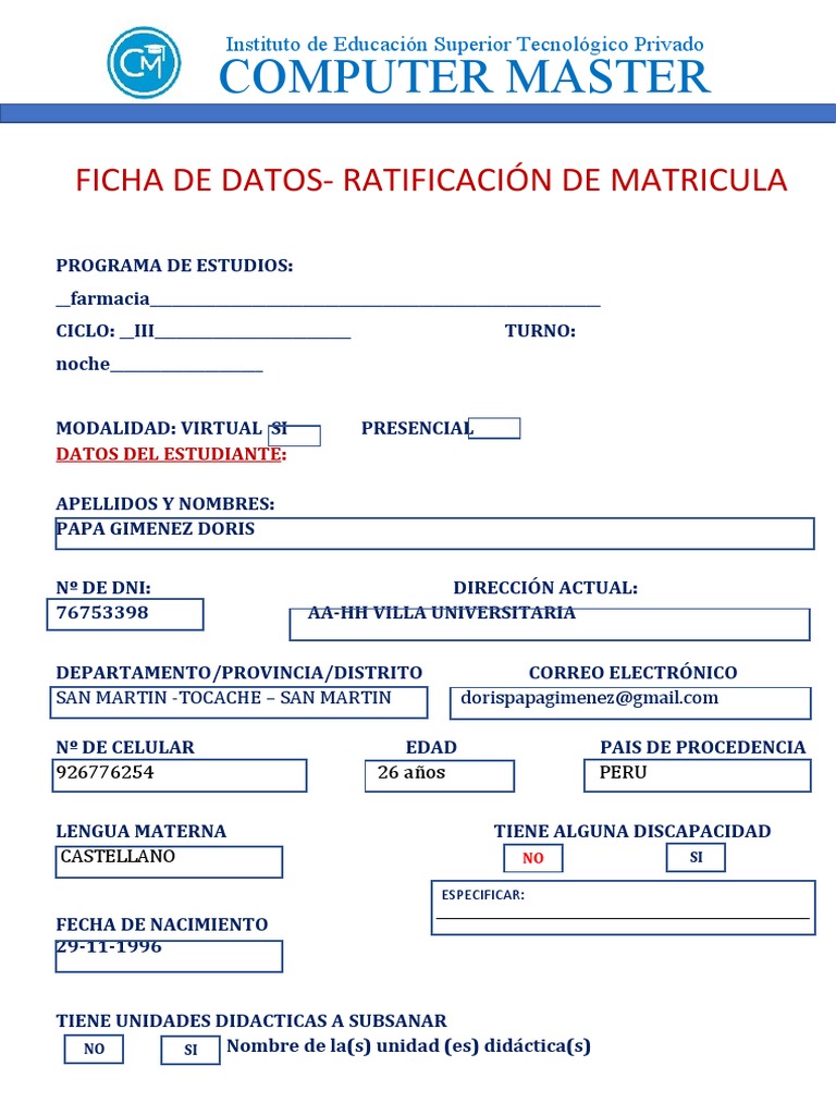 Ficha de Datos - Ratificaciòn de Matricula | PDF