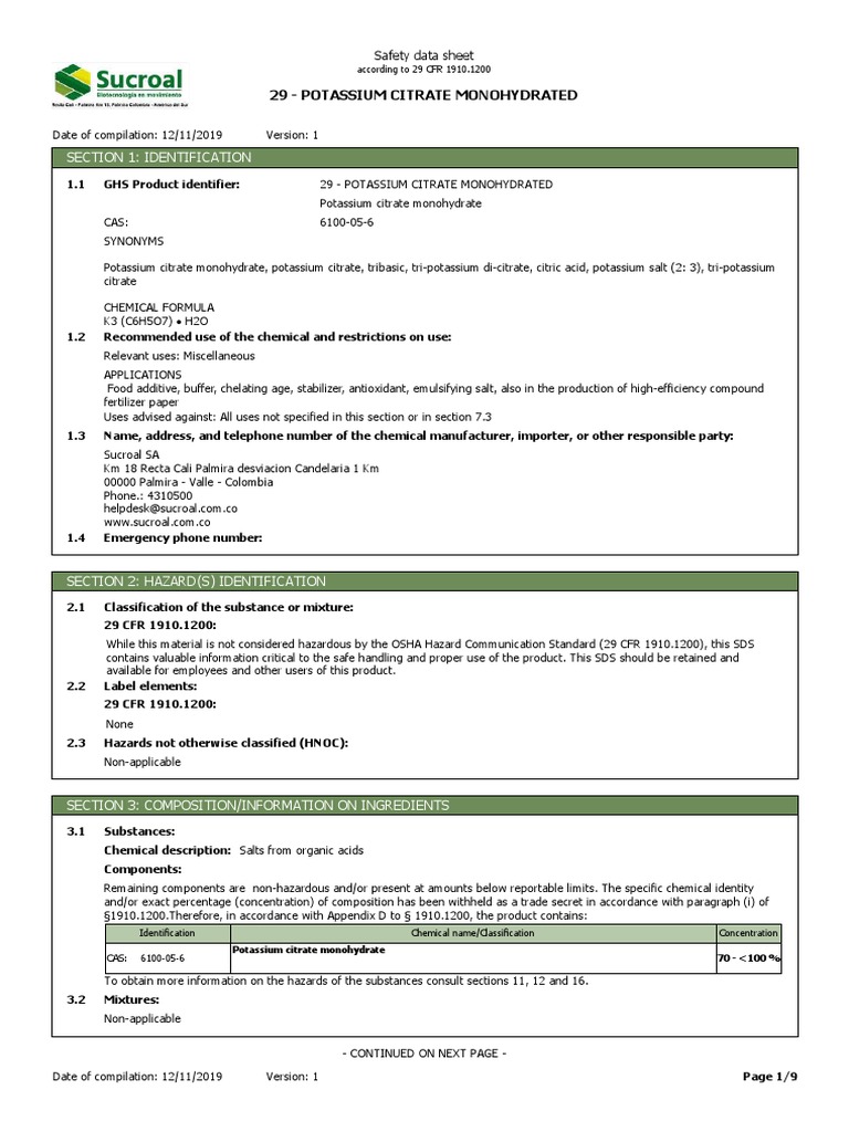 Sds 29 - Potassium Citrate Monohydrated | PDF