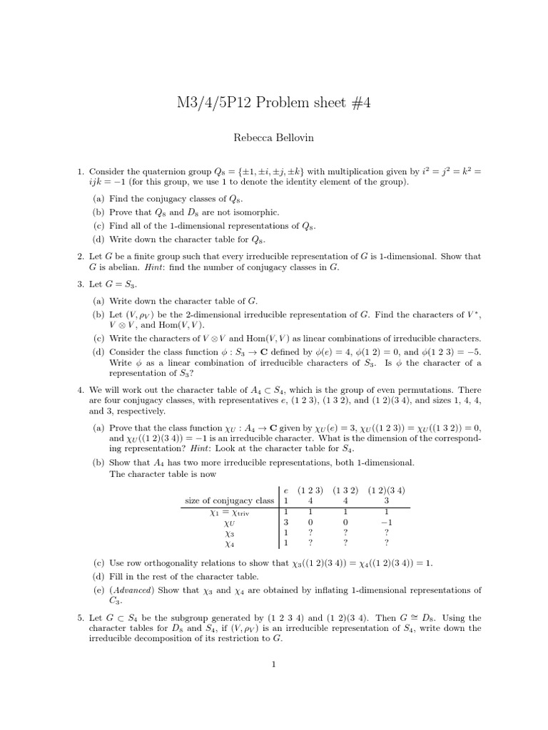 M3/4/5P12 Problem sheet #4 character tables | PDF | Mathematical Concepts | Mathematical Analysis