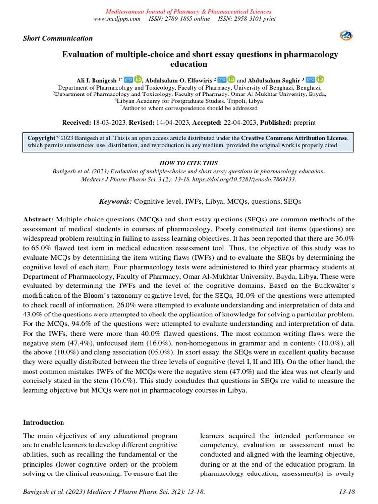 Evaluation of Multiple-Choice and Short Essay Questions in Pharmacology ...