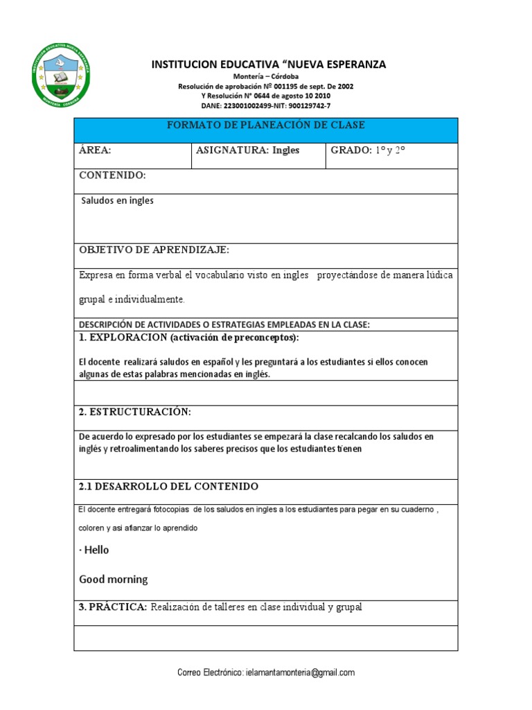 Formato Planeación de Clase Ingles Actualizada | PDF | Ciencia ...