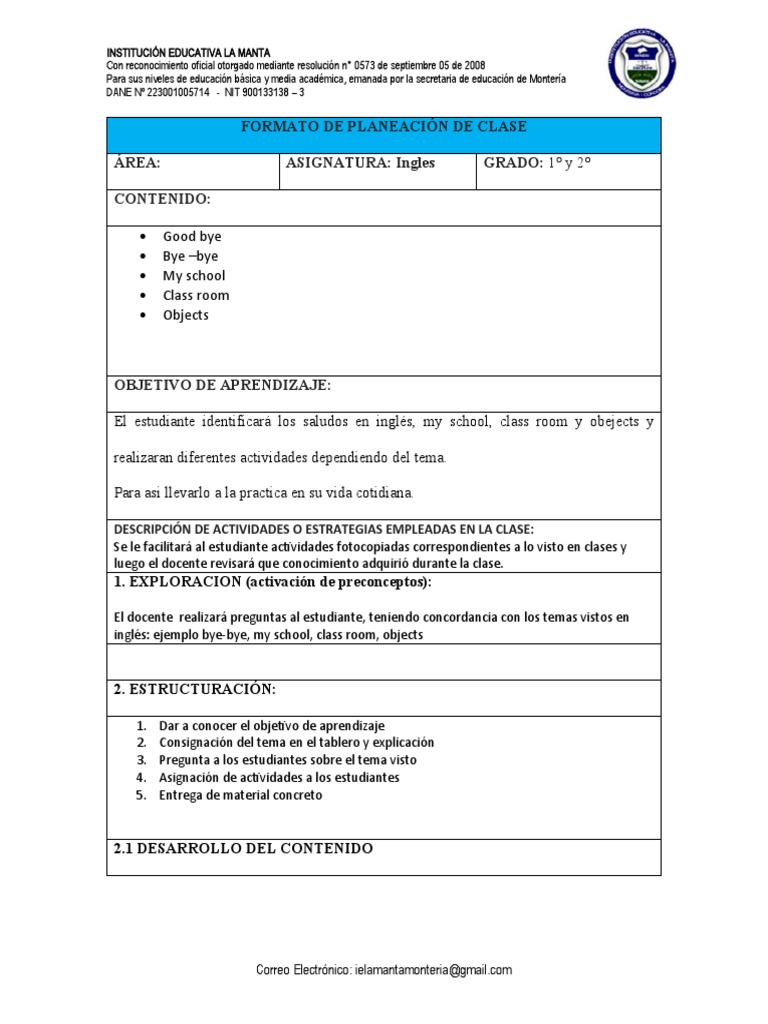 Formato Planeación de Clase ingles 1 periodo | PDF | Educación primaria ...