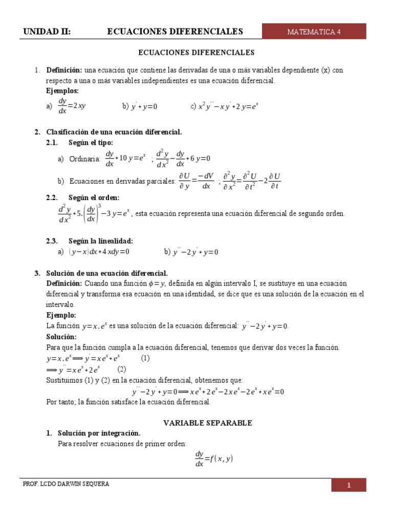 Guia de Matematica 4, Ecuaciones Diferenciales-1 | PDF | Ecuaciones | Integral