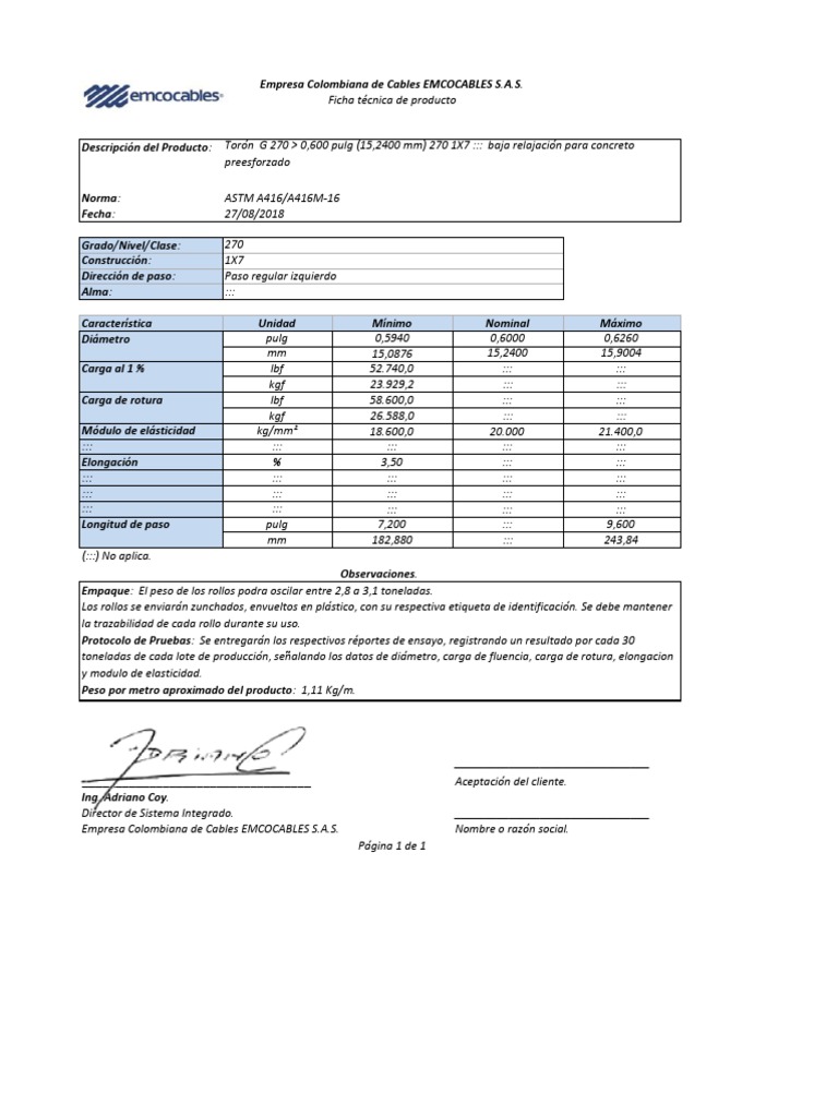 Torón 0.600 PP 1X7 Brillante, Baja Relajación, Grado 270 para Concreto ...