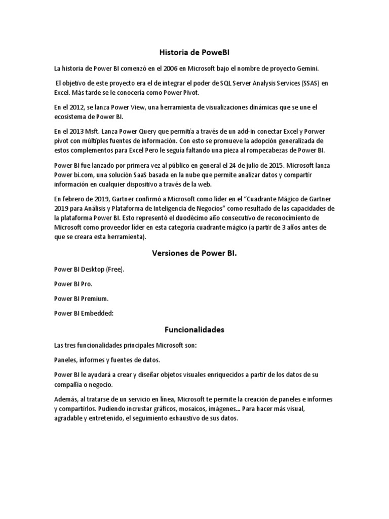 Historia y Funcionalidades de Power BI | PDF | Microsoft | Computación ...