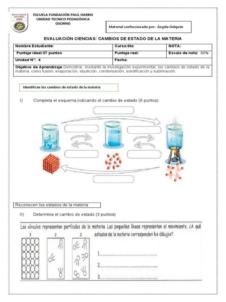 Evaluación Ciencias: Cambios de Estado de La Materia: I) Completa El ...