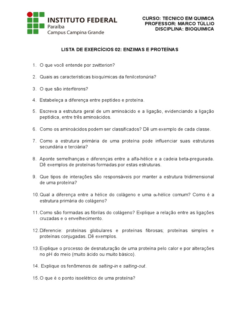 Lista 02 Aminoacidos Proteinas | PDF