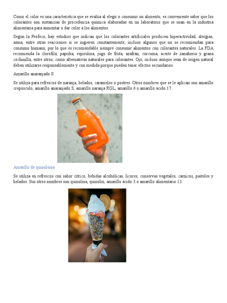 Colorante Artificial | PDF | Comida y bebida | Alimentos