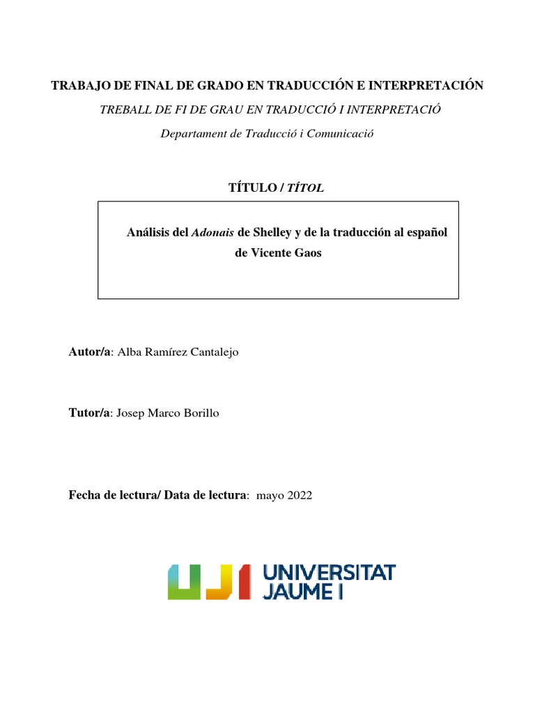 TFG 2022 Ramirez Cantalejo Alba | PDF | Percy Bysshe Shelley | Poesía
