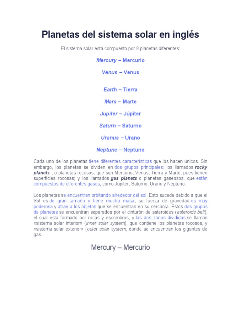 Planetas Del Sistema Solar en Inglés | PDF | Planetas | Venus