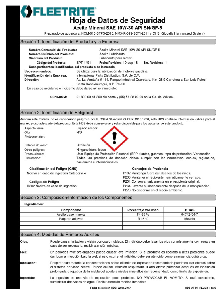 FDS - Aceite Mineral 10w30 | PDF | Agua | La contaminación del agua