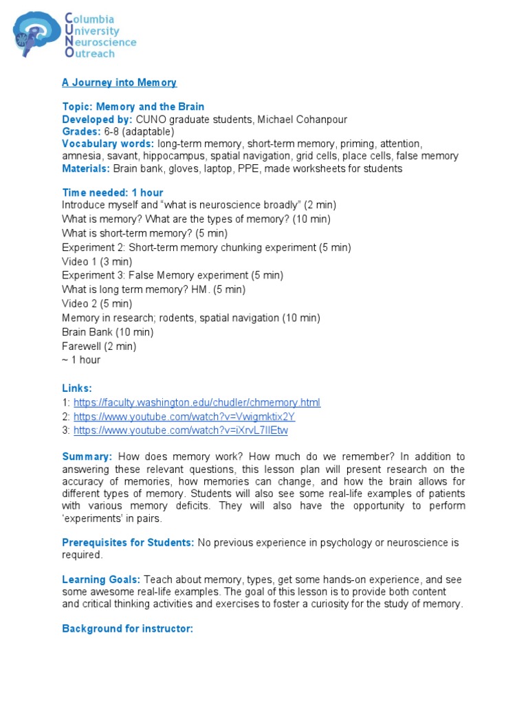 Activity Lesson Plan | PDF | Memory | Long Term Memory