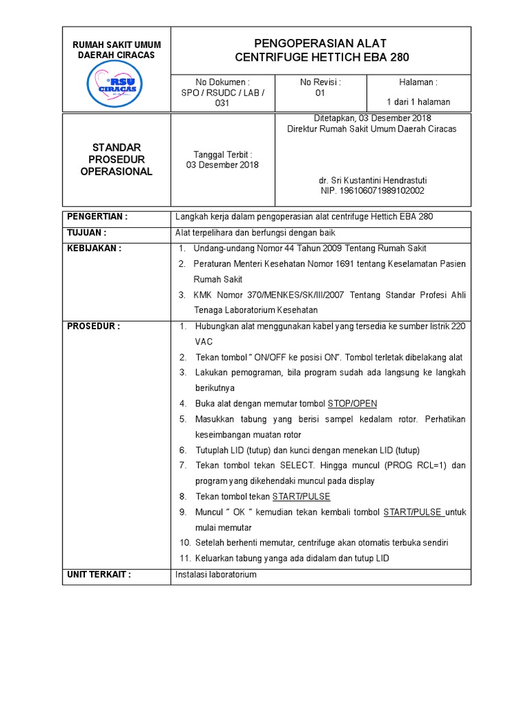 Pengoperasian Alat Centrifuge Hettich Eba 280 | PDF