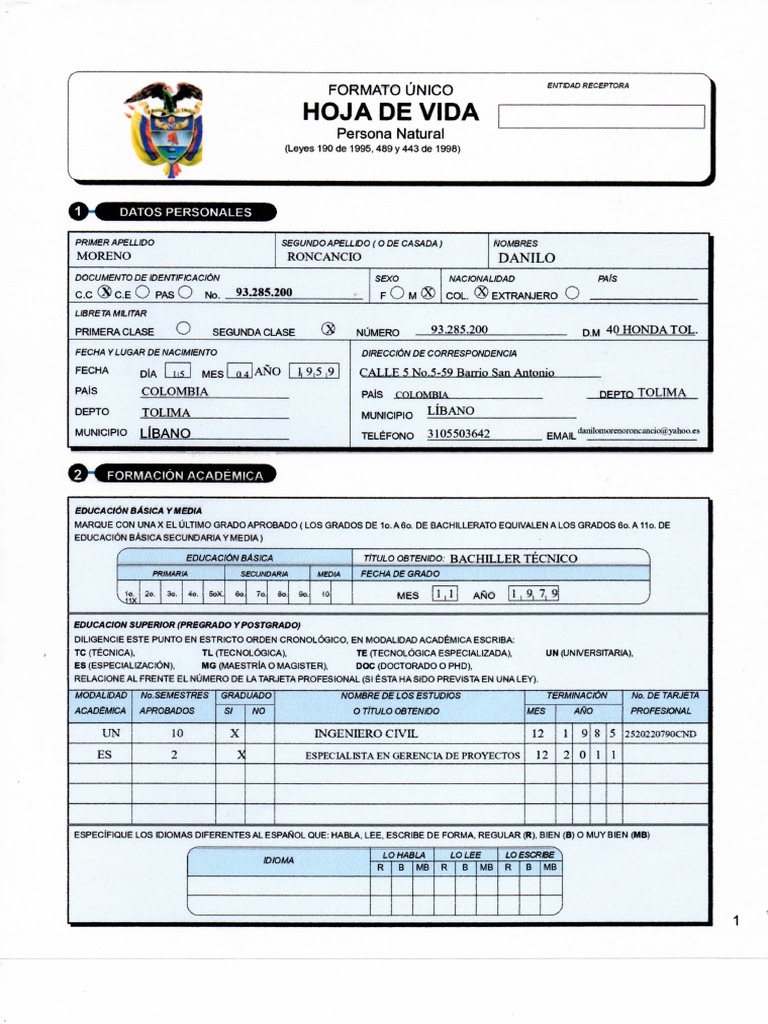 Hoja De Vida Función Pública Danilo Moreno Pdf