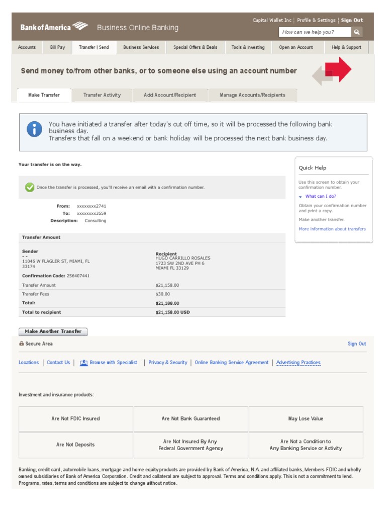 Bank of America Online Banking Transfer | PDF