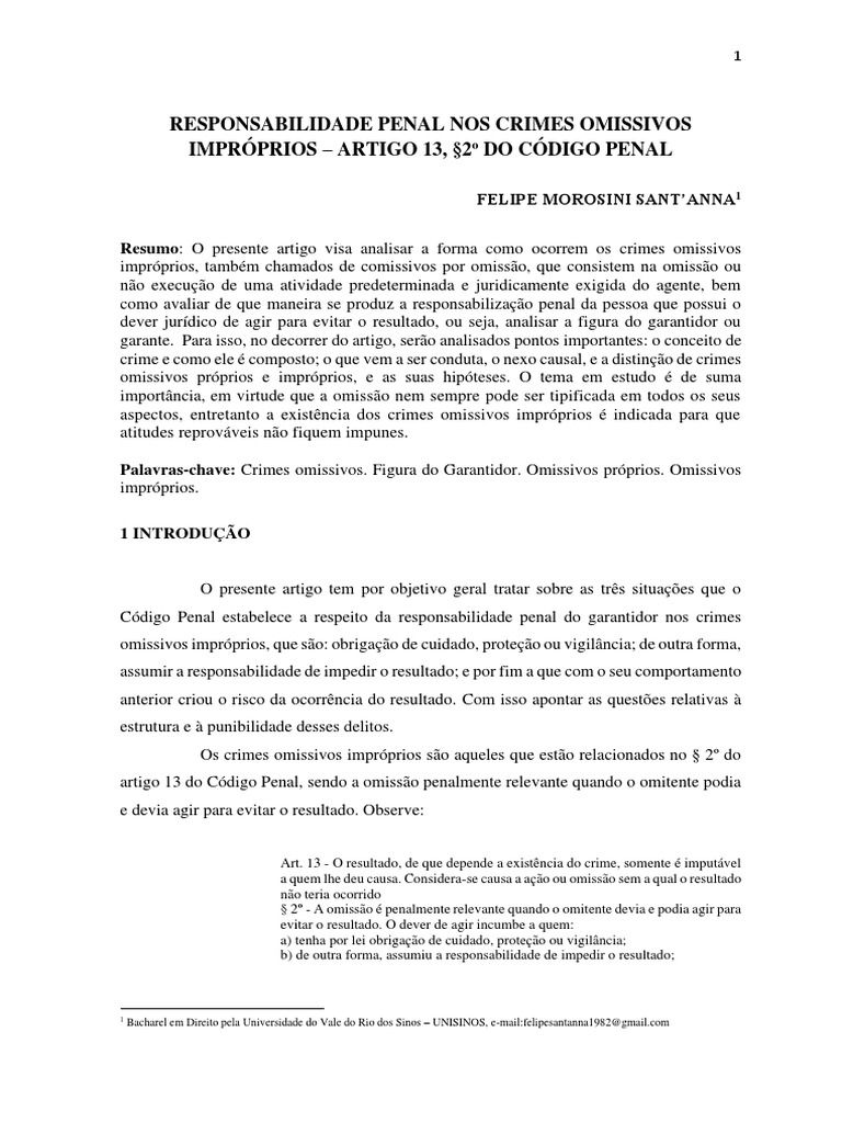 TCC Crimes Omissivos Improprios e A Figura Do Garantidor | PDF ...
