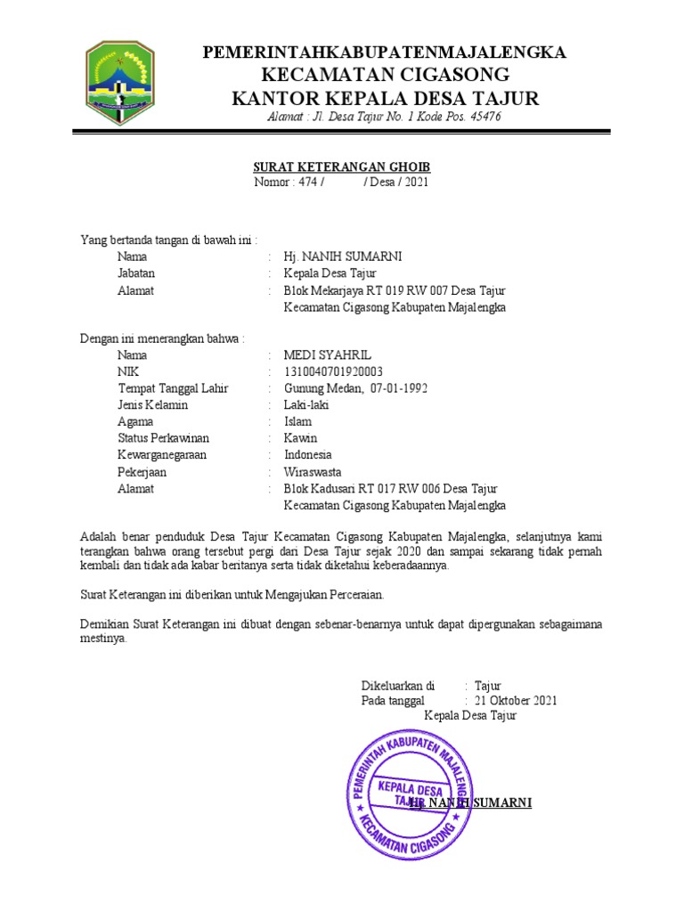 Surat Keterangan Ghoib untuk Cerai | PDF