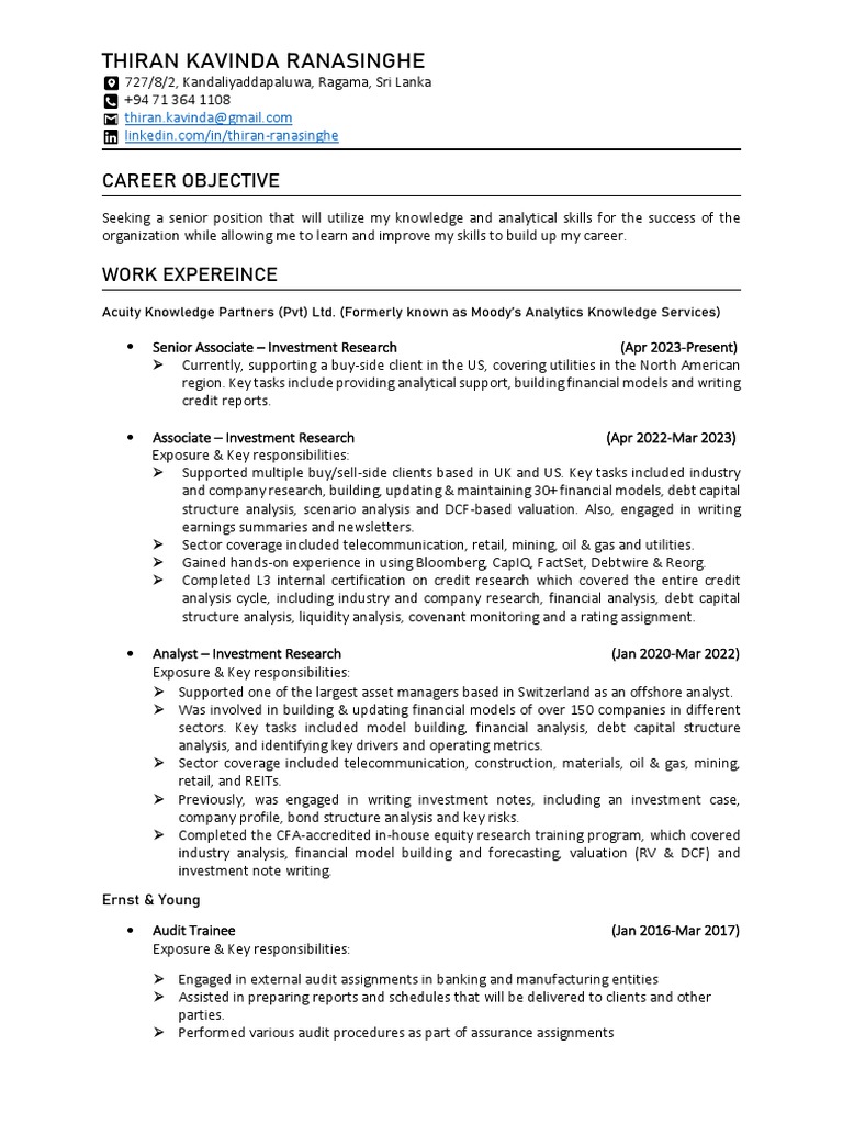Thiran Kavinda Ranasinghe: Career Objective | PDF | Financial Analyst | Economies
