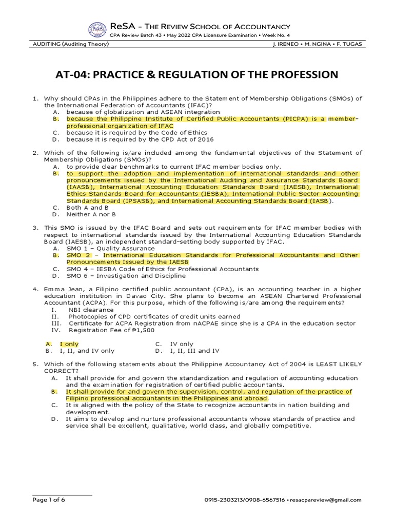 AT 04 Practice - Regulation of The Profession | PDF | Certified Public ...