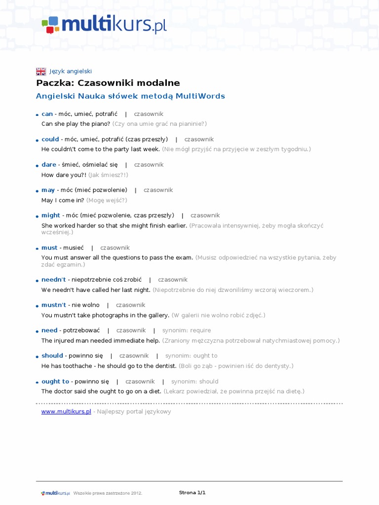 Modal Verbs - List | PDF