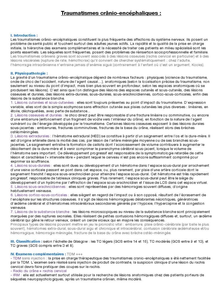 Traumatismes cranio-encéphaliques | PDF | Traumatisme crânien | Anatomie
